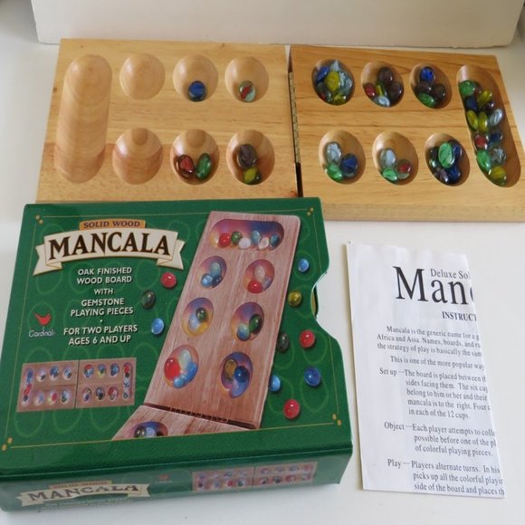 Mancala | Toys | Mancala Game Solid Oak Wood Tray Metal Box 47 Marbles ...